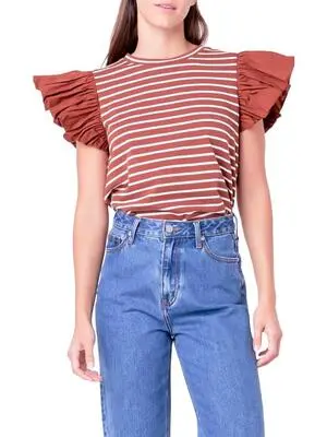 English Factory Mixed Media Stripe Top - Brown/white