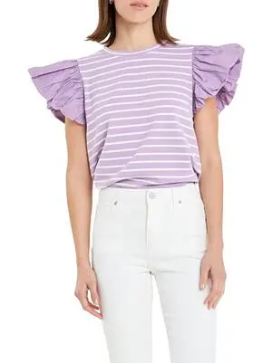 English Factory Mixed Media Stripe Top - Lilac/white