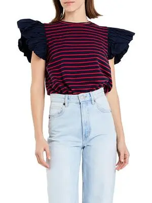 English Factory Mixed Media Stripe Top - Navy/red