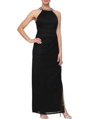 Alex Evenings Embellished Halter Ruched Column Gown - Black