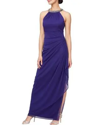 Alex Evenings Alex Evenings Embellished Halter Ruched Column Gown Bright Purple