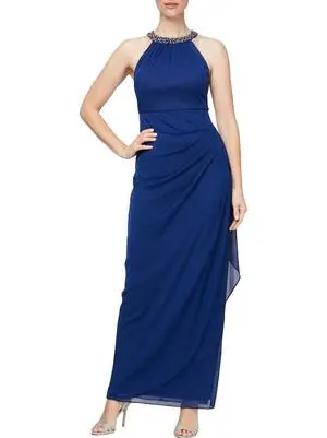 Alex Evenings Alex Evenings Embellished Halter Ruched Column Gown Electric/ Blue