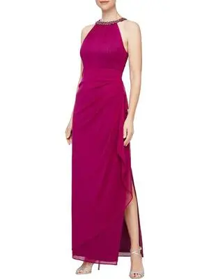 Alex Evenings Alex Evenings Embellished Halter Ruched Column Gown Fuchsia