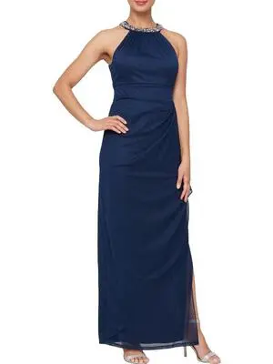 Alex Evenings Alex Evenings Embellished Halter Ruched Column Gown Navy