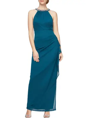 Alex Evenings Alex Evenings Embellished Halter Ruched Column Gown Peacock