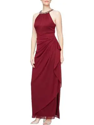 Alex Evenings Alex Evenings Embellished Halter Ruched Column Gown Wine