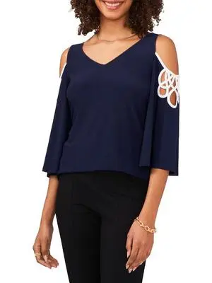 Chaus Cold Shoulder Three-Quarter Sleeve Blouse Navy/white