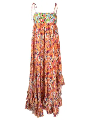 MSGM Floral Print Pleated Maxi Dress - Orange