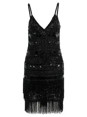 Dundas Fringed Beaded Tulle Mini Dress - Black