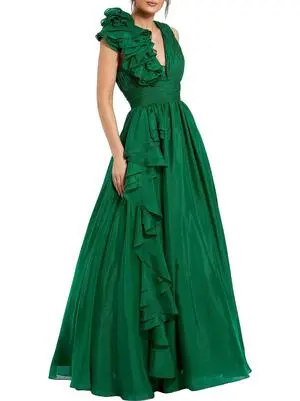 Mac Duggal Ruffle Shoulder V-neck Gown - Emerald