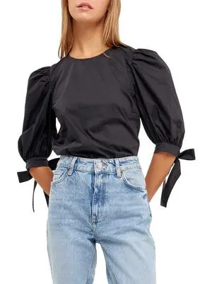 English Factory Bow Banded Puff Sleeve Blouse - Black