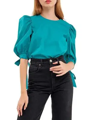 English Factory Bow Banded Puff Sleeve Blouse - Teal