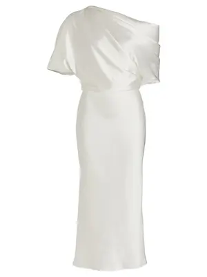 Amsale Draped Satin Pencil Midi-dress Ivory