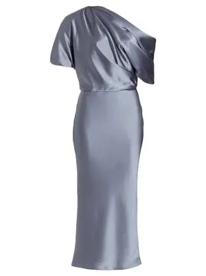 Amsale Draped Satin Pencil Midi-dress Slate