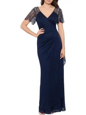 XSCAPE EVENINGS Beaded Sleeve Column Gown - Navy