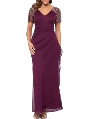 XSCAPE EVENINGS Beaded Sleeve Column Gown - Wine/antique