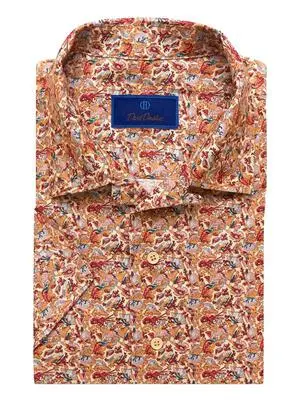 David Donahue Print Short Sleeve Button-up Camp Shirt - Coral