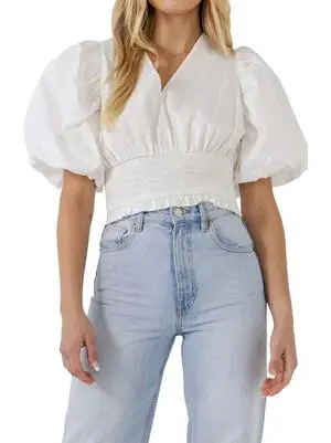Endless Rose Smocked Waist Cotton Blouse - White