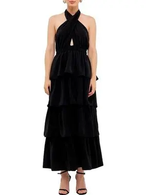 Endless Rose Halter Neck Tiered Maxi Dress - Black