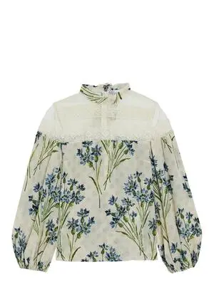 Red Valentino Point D'esprit Paneled Floral Print Silk Crepe De Chine Blouse - Cream