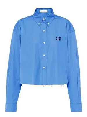 Miu Miu Cropped Cotton Shirt With Embroidered Logo - Blue
