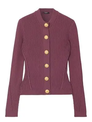 Balmain Ribbed-Knit Cardigan Burgundy