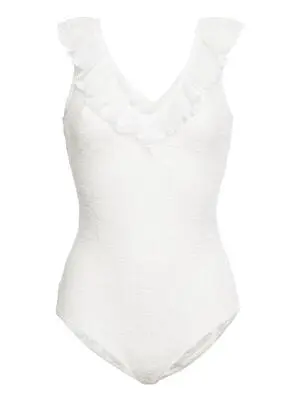Maje Ruffled Stretch-lace Bodysuit - White