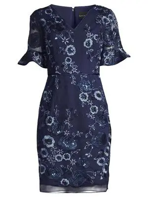 Shani Floral Embellished Sheath Dress - Navy