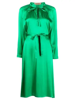 YVES SALOMON Satin-finish Tied-waist Dress - Green