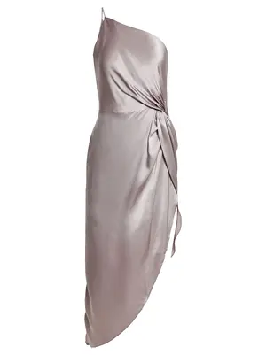 Michelle Mason One-Shoulder Twisted Silk-Satin Dress Silver