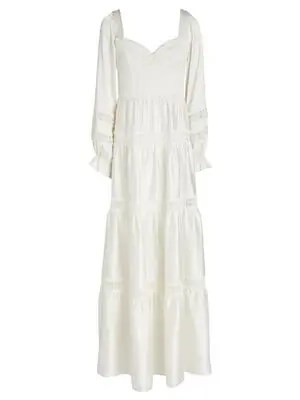 Monique Lhuillier Lace-trimmed Shirred Hammered-satin Maxi Dress - Off-white