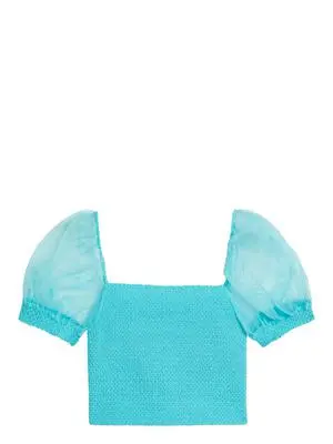 Alice + Olivia Alice Olivia Eliana Organzapaneled Smocked Crepe Top - Turquoise