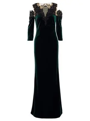 Marchesa Cold-shoulder Lace-appliquéd Tulle And Velvet Gown - Emerald