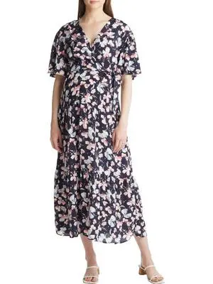ANGEL MATERNITY Floral Faux Wrap Maxi Dress - Navy