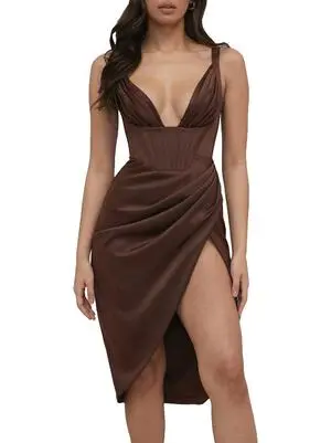 House Of Cb Faye Satin Pleated Midi Dress - Chocolate
