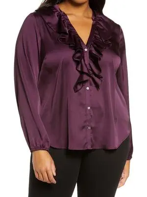 1.State 1.STATE Ruffle Neck Button-Front Blouse Deep Plum