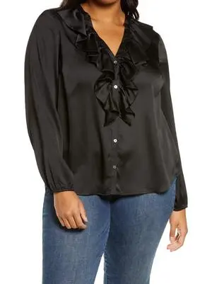 1.State 1.STATE Ruffle Neck Button-Front Blouse Rich Black