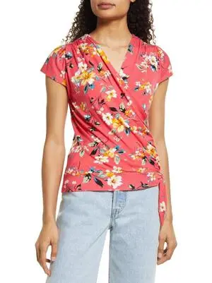 Loveappella Floral Faux Wrap Top - Coral