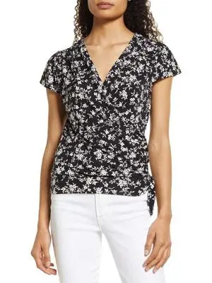 Loveappella Floral Print Faux Wrap Top - Black