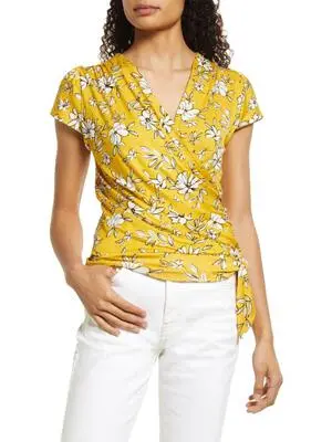 Loveappella Floral Print Faux Wrap Top - Sunflower