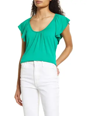 Loveappella Loveappella Flutter Sleeve Top Kelly