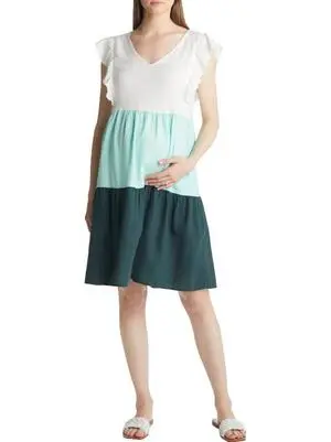 ANGEL MATERNITY Color Block Tiered Maternity/nursing Dress - Green
