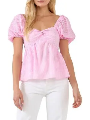English Factory Check Puff Sleeve Top - Powder Pink