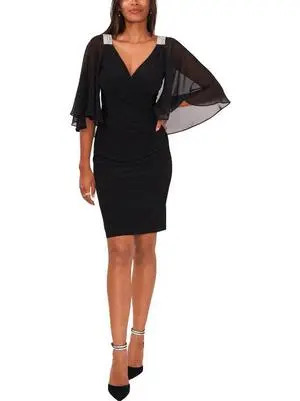 Chaus Rhinestone Accent Chiffon Sleeve Knit Minidress - Black 001