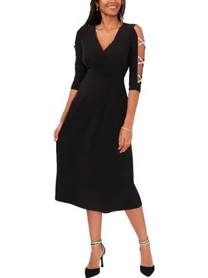 Chaus Rhinestone Sleeve Wrap Front Knit Midi Dress - Black 001