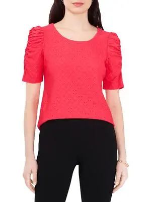 Chaus Eyelet Ruched Sleeve Top - Geranium