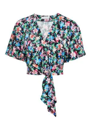 Rabanne Cropped Floral-print Jersey Top With Buckle Detail - Black