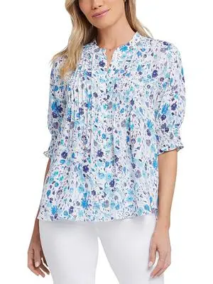 NYDJ Floral Print Pleated Peasant Top - Jimena Garden