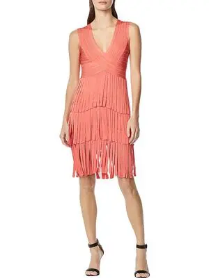 Herve Leger Sleeveless Fringed Dress - Deep Sea Coral