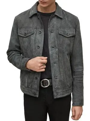 John Varvatos Andrew Slim Fit Leather Trucker Jacket - Seal Gray
